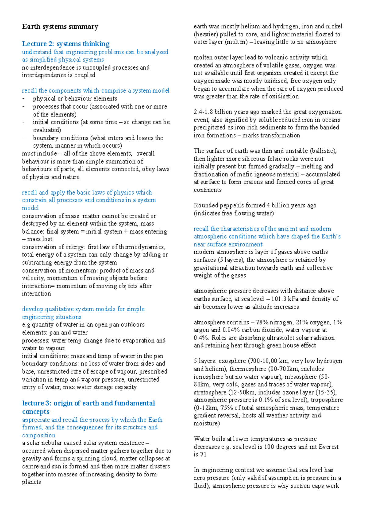 Earth systems summary - lecture notes - Earth systems summary Lecture 2 ...