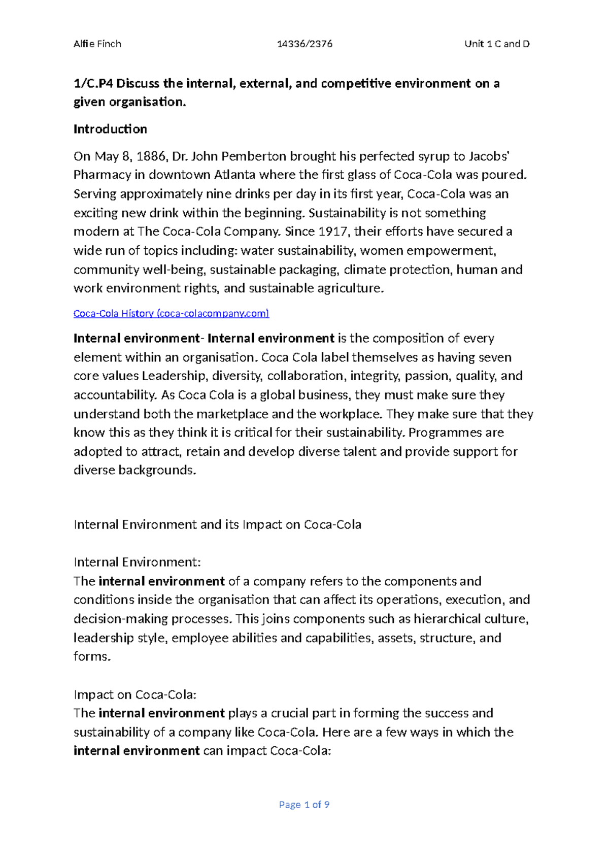 BTEC BS U1 LA CD v1 - Nice - 1/C Discuss the internal, external, and ...