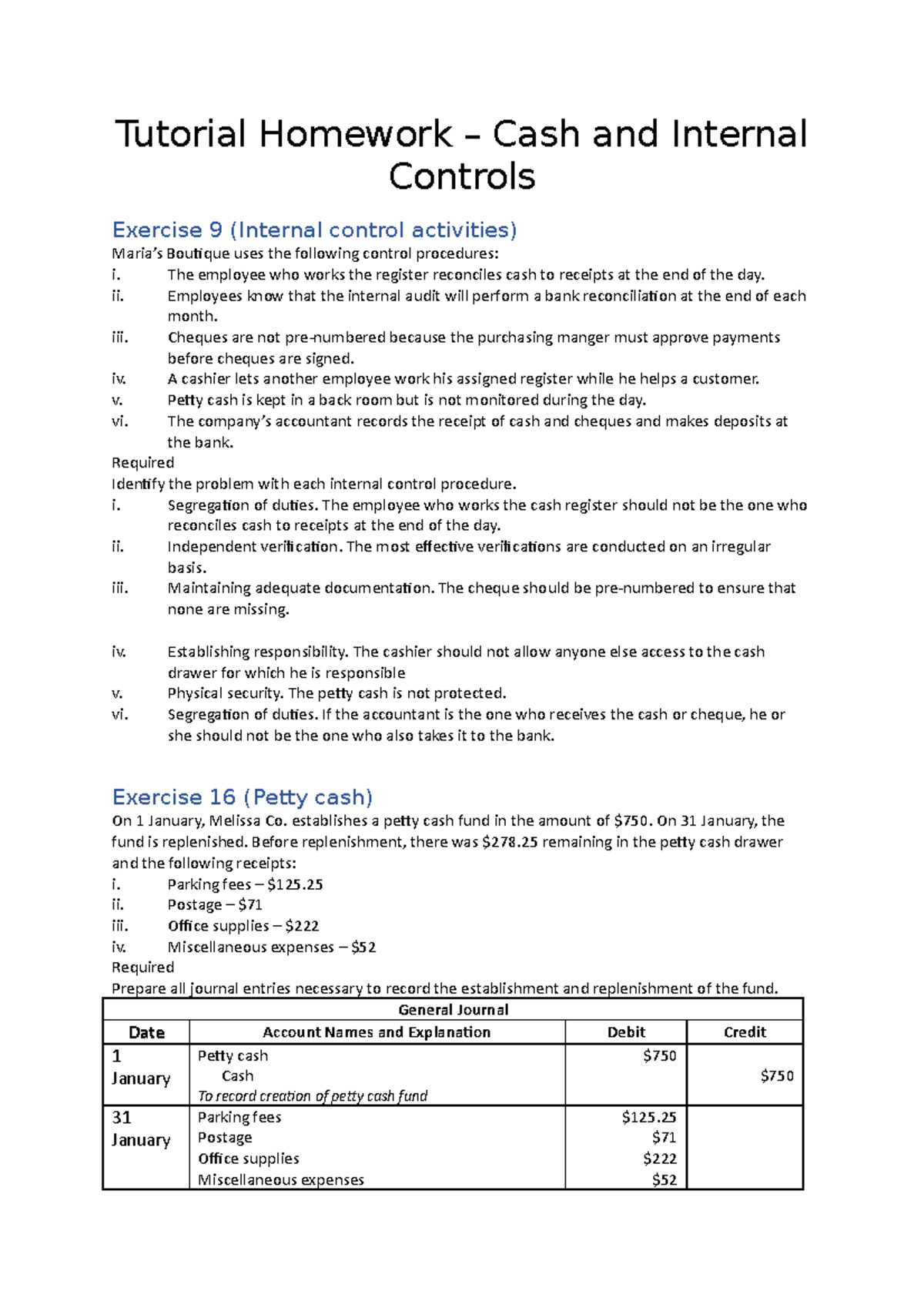 Tutorial Homework - Cash and Internal Controls - Tutorial Homework ...