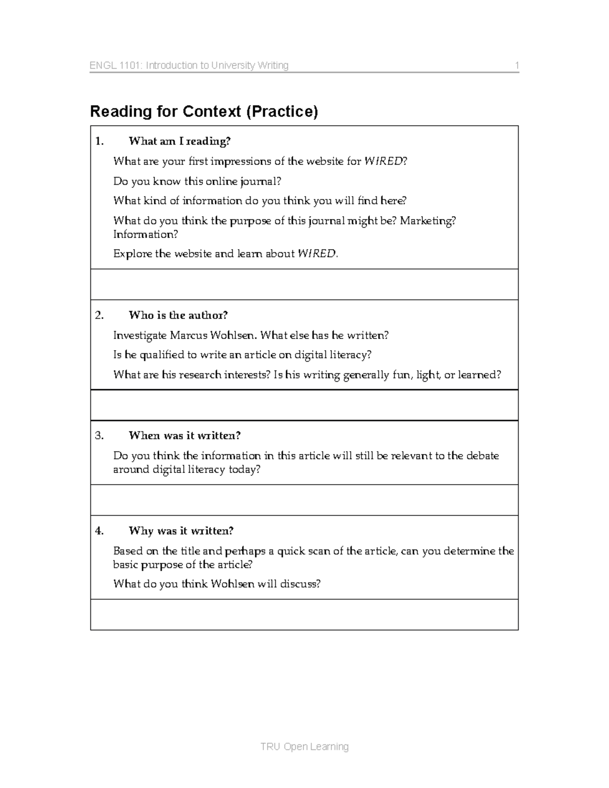 ENGL1101 Reading for Context Practice - ENGL 1101: Introduction to ...