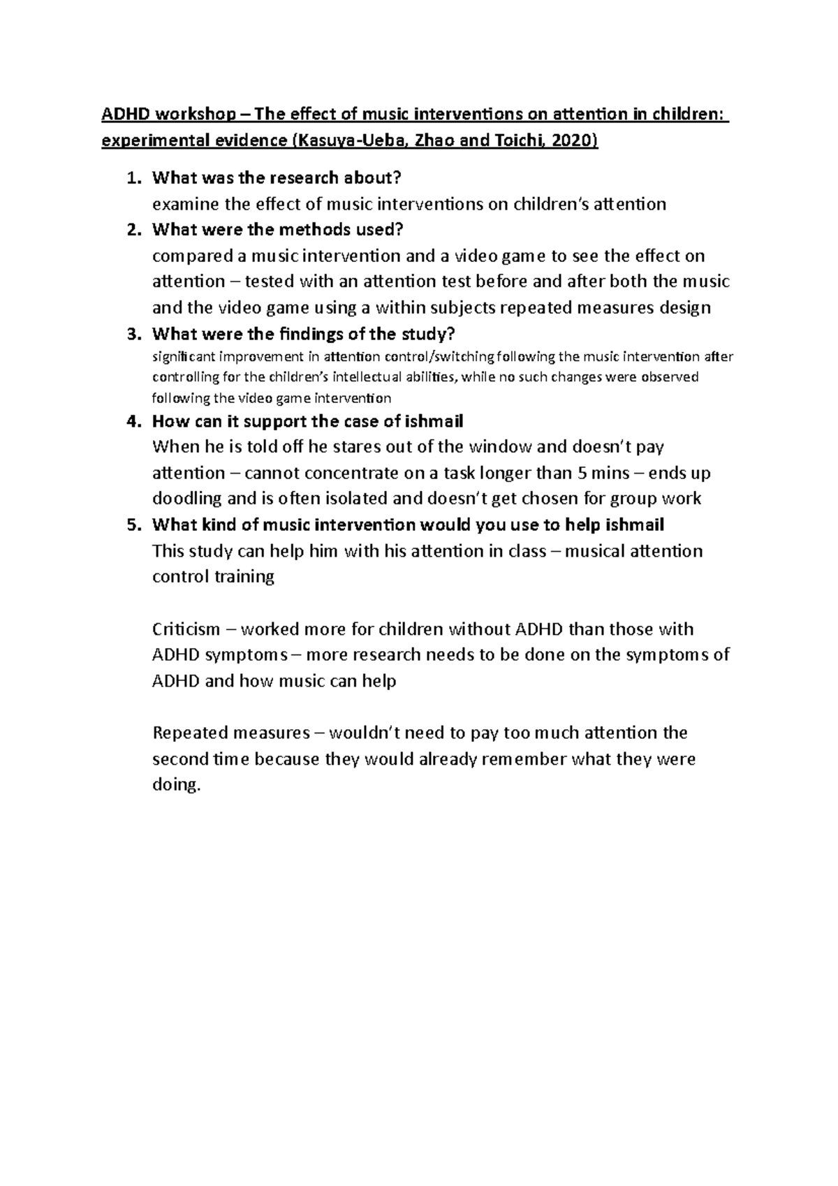 Week 2 workshop - Lecture notes 1 - ADHD workshop – The effect of music ...