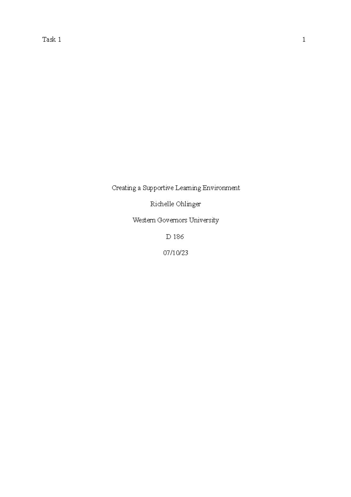 Task 1 Creating A Supportive Learning Enviornment Creating A Supportive Learning Environment