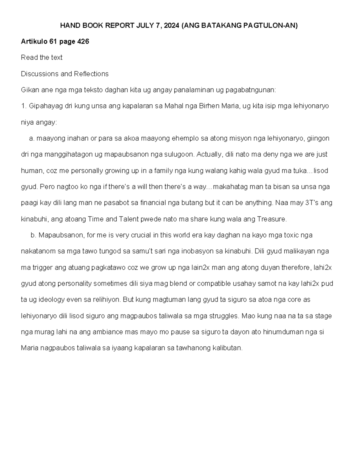 Reading Comprehension - HAND BOOK REPORT JULY 7, 2024 (ANG BATAKANG ...