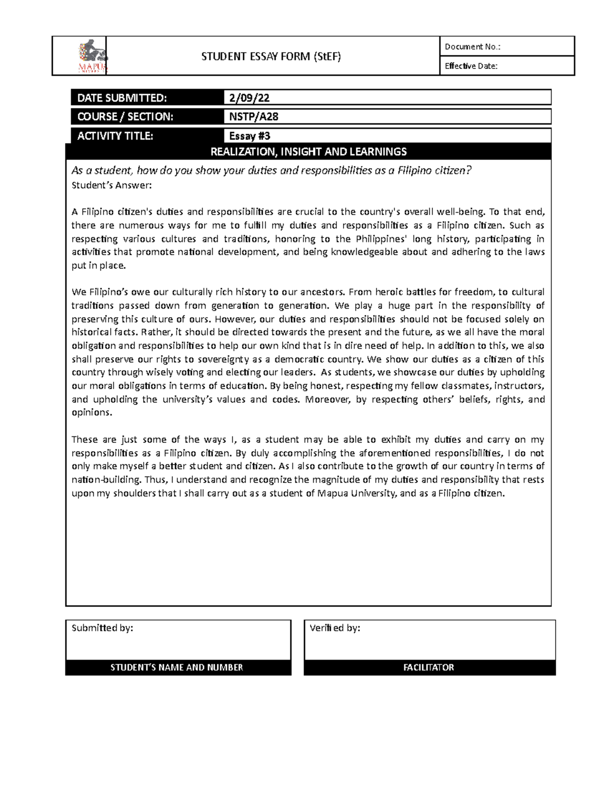 Form NSTP1 00 Essay 3 STUDENT ESSAY FORM StEF Document No
