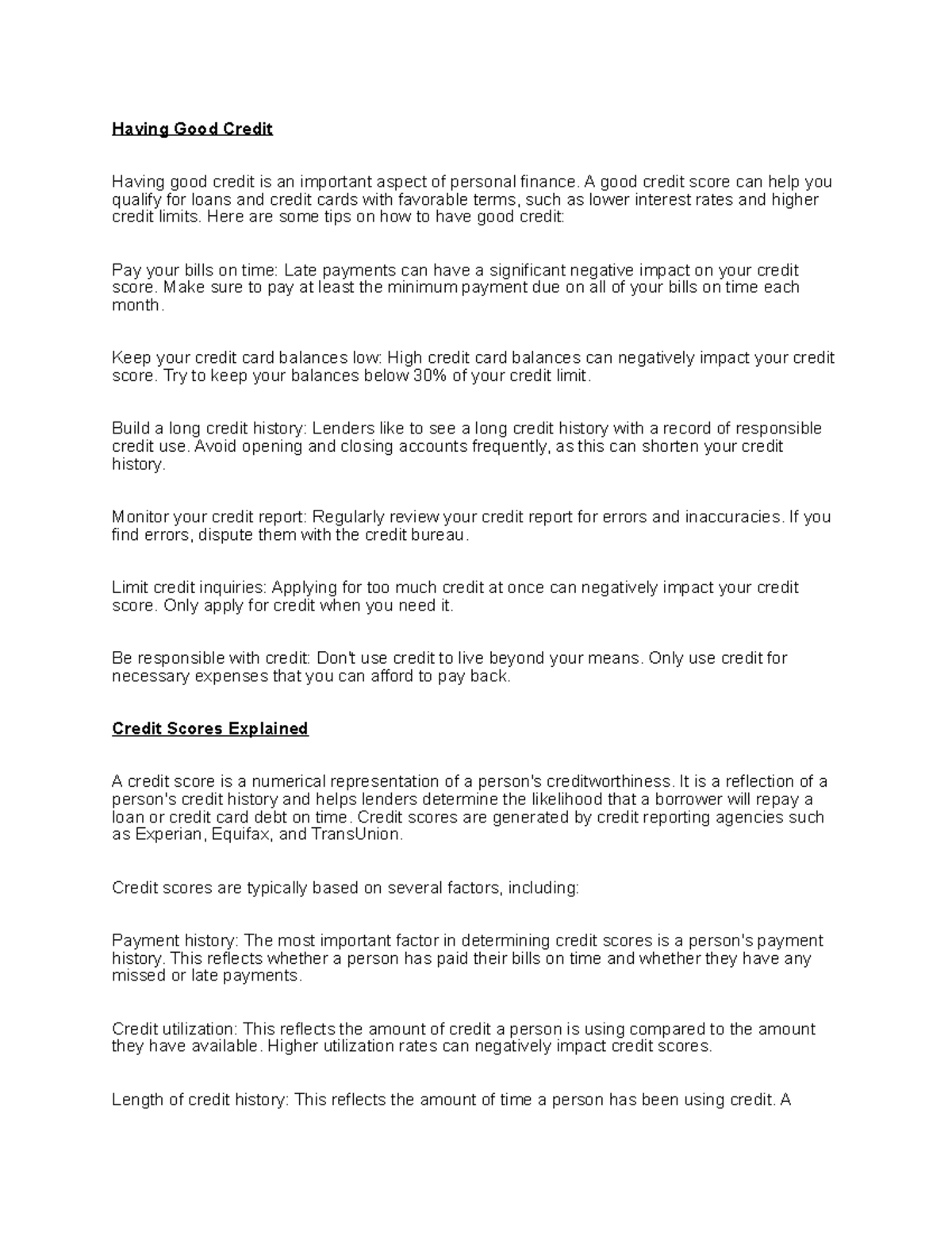 Having Good Credit - Having Good Credit Having good credit is an ...