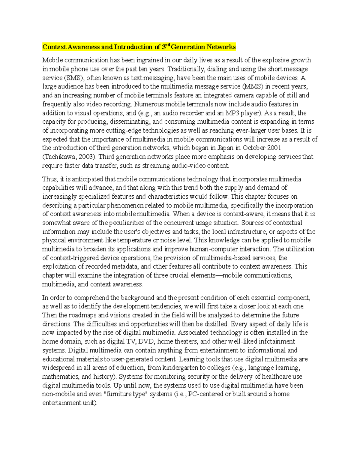 Context Awareness and Introduction of 3rd Generation Networks ...