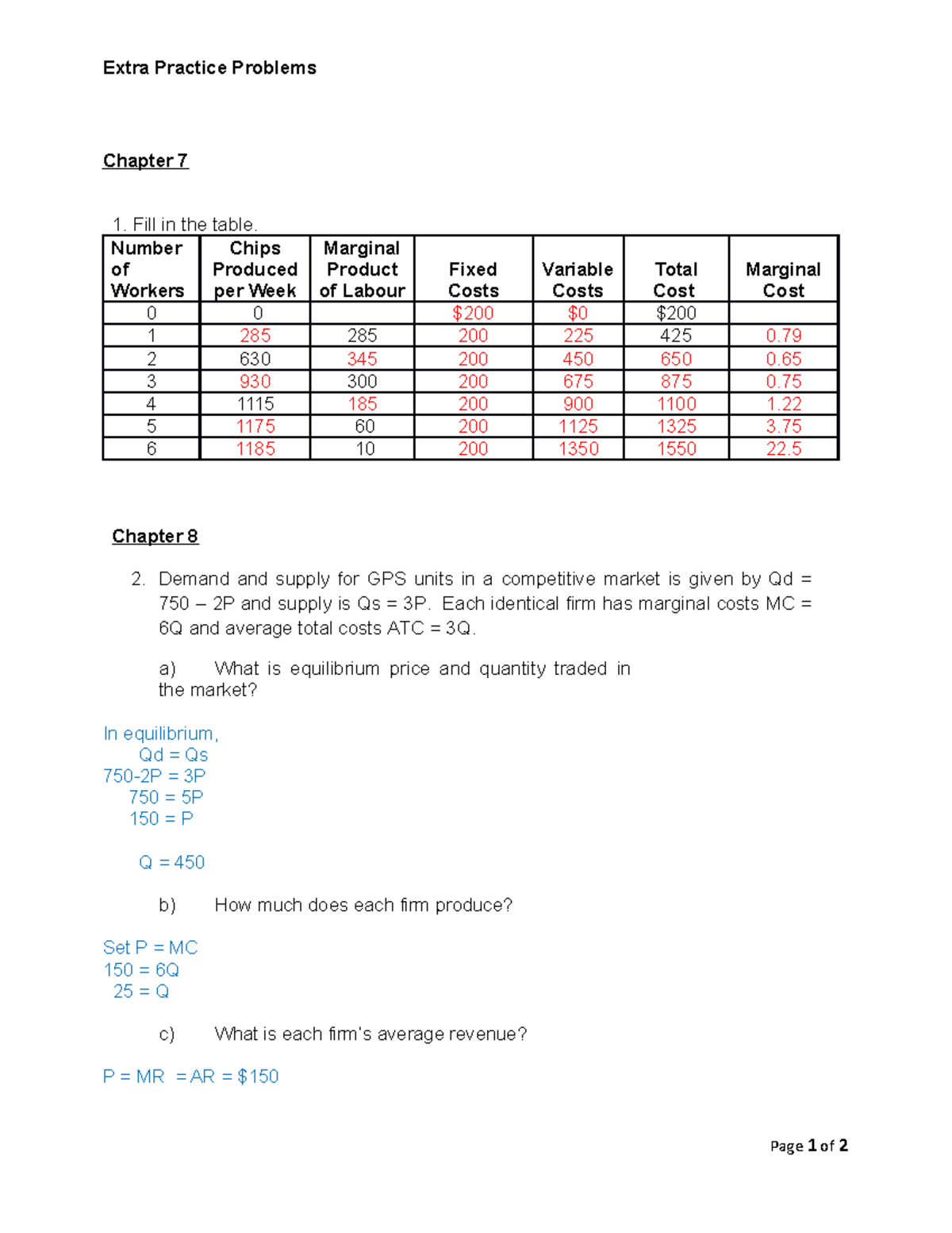 Chapter 7 and 8 Practice Problems ANS - Extra Practice Problems Chapter 7 Fill in the table ...
