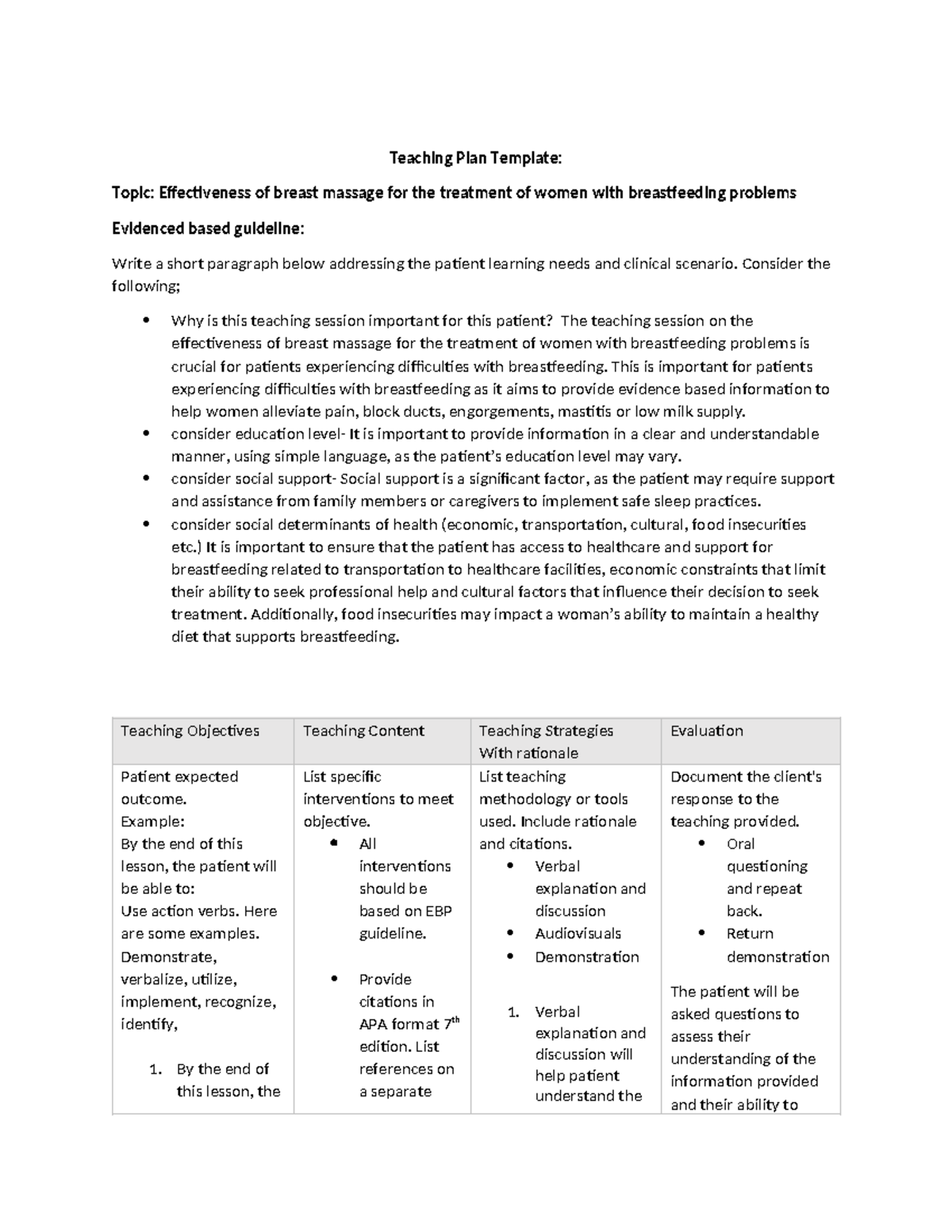 Teaching EBP Project table - Teaching Plan Template: Topic ...