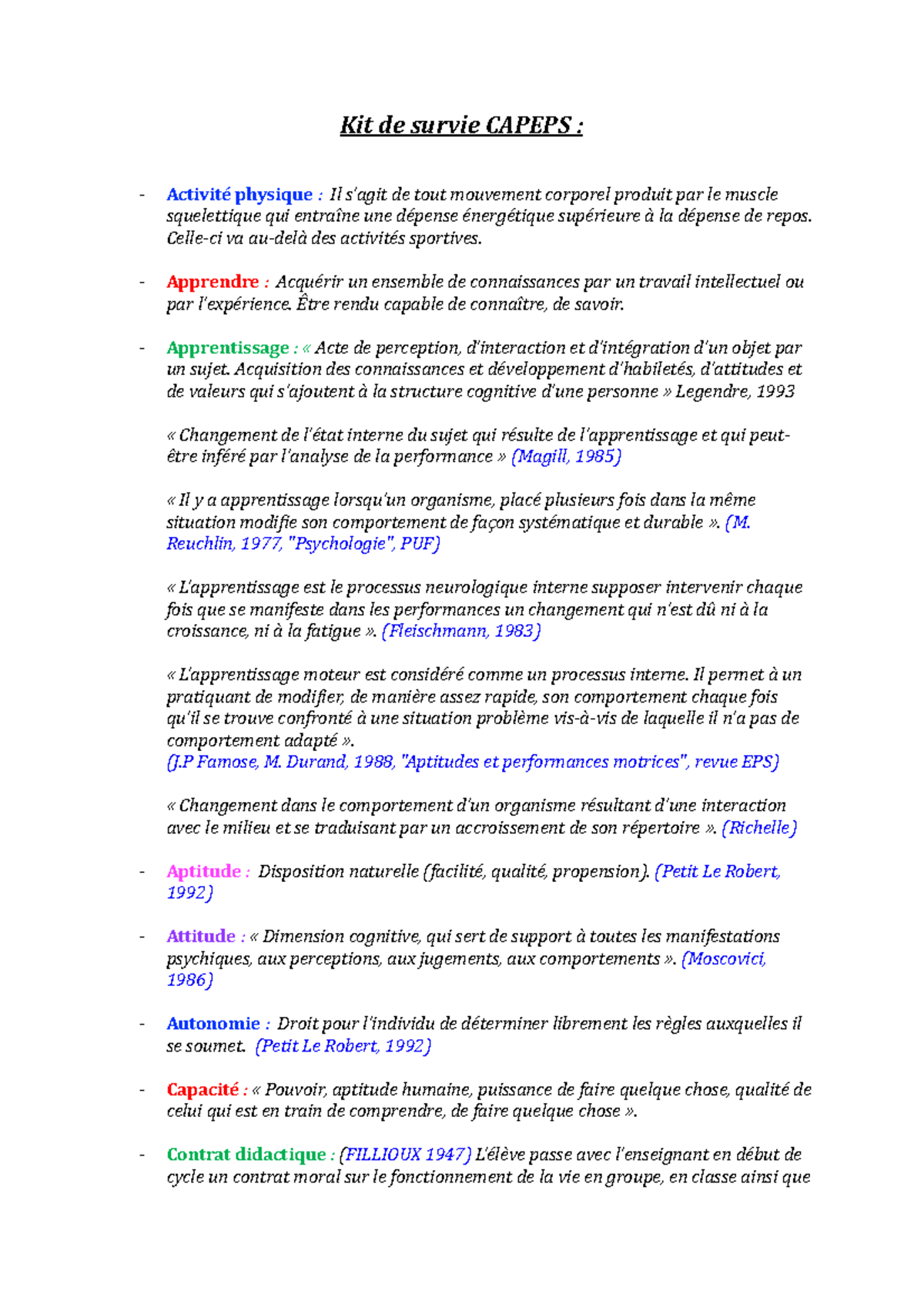 Fiche de vocabulaire - définition importante - Kit de survie CAPEPS ...