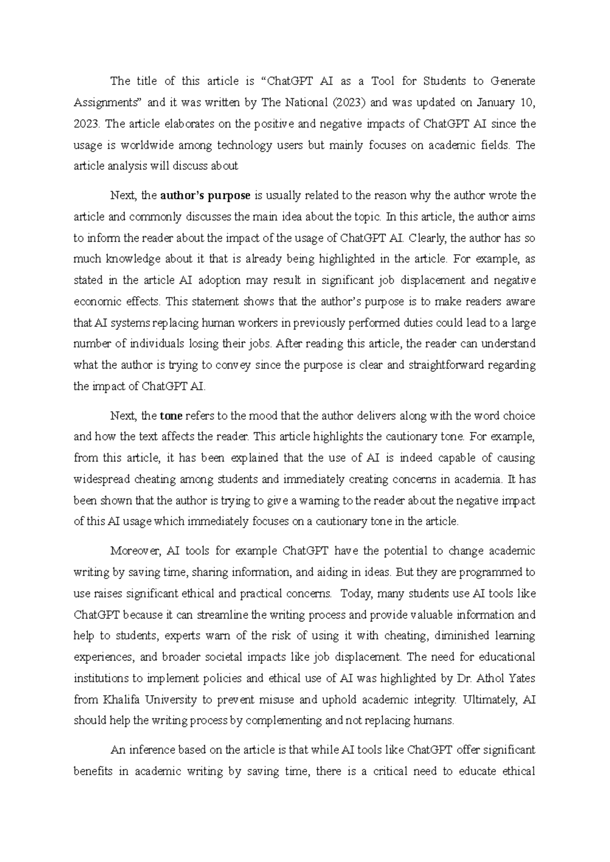 LCC duo assignment - The title of this article is “ChatGPT AI as a Tool ...