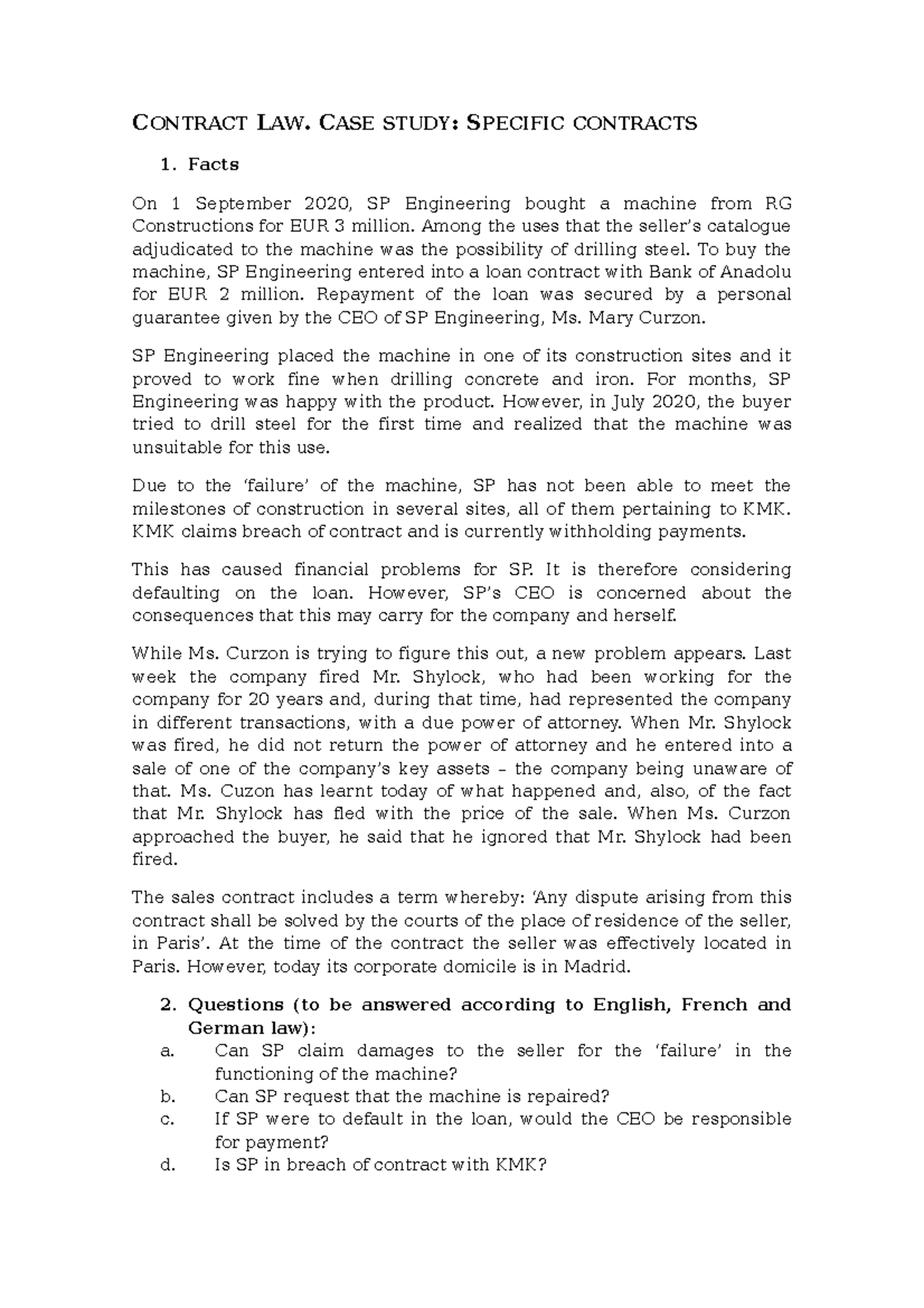 Case study. Specific contracts - CONTRACT LAW. CASE STUDY: SPECIFIC ...