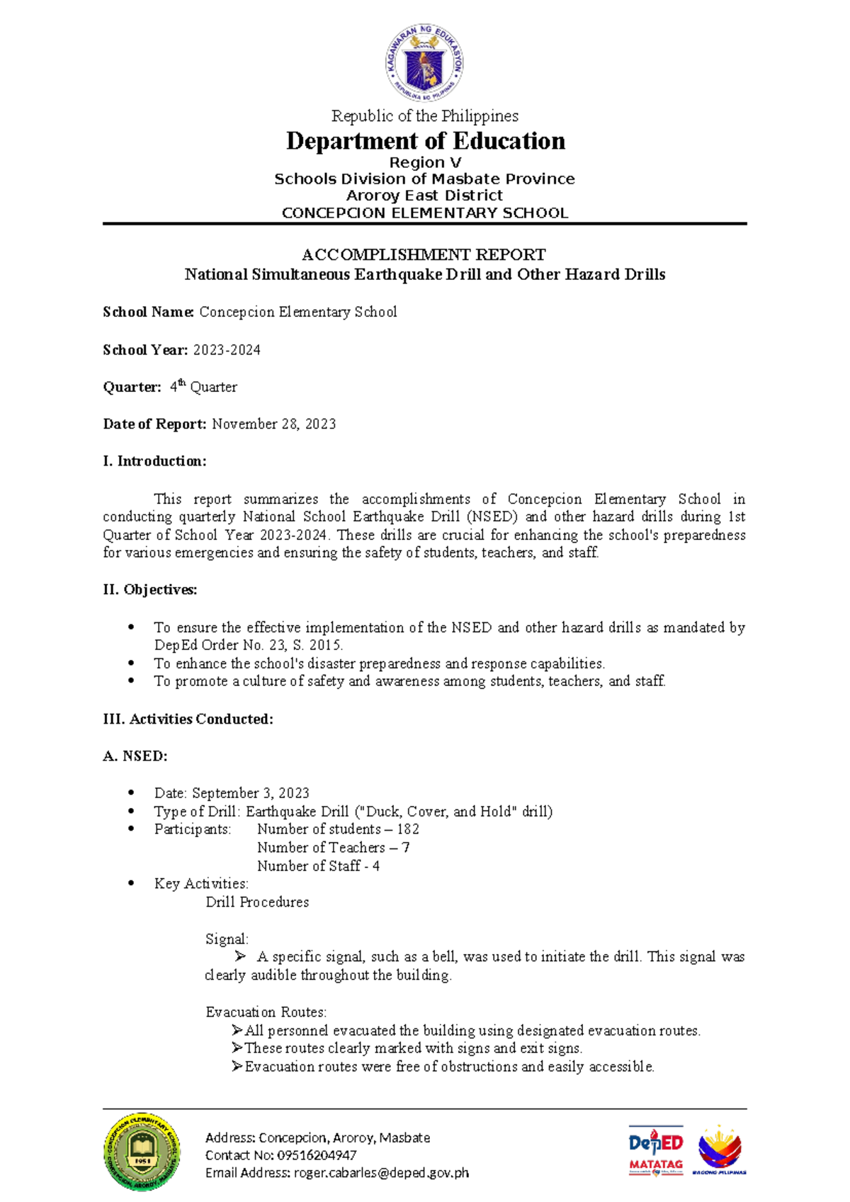Accomplishment Report Hazard Drill - Department of Education Region V ...