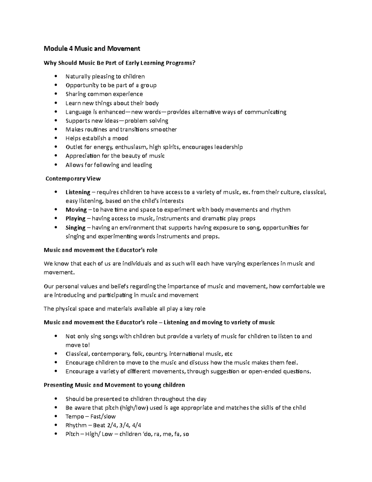 Music and Movement - Lecture notes Module 4 - Module 4 Music and ...