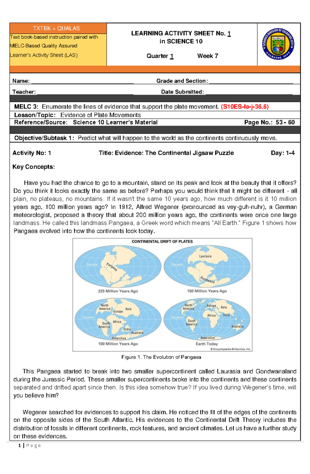 Grade 10 LAS Week 7 - module - TXTBK + QUALAS LEARNING ACTIVITY SHEET No. 1 in SCIENCE 10 ...