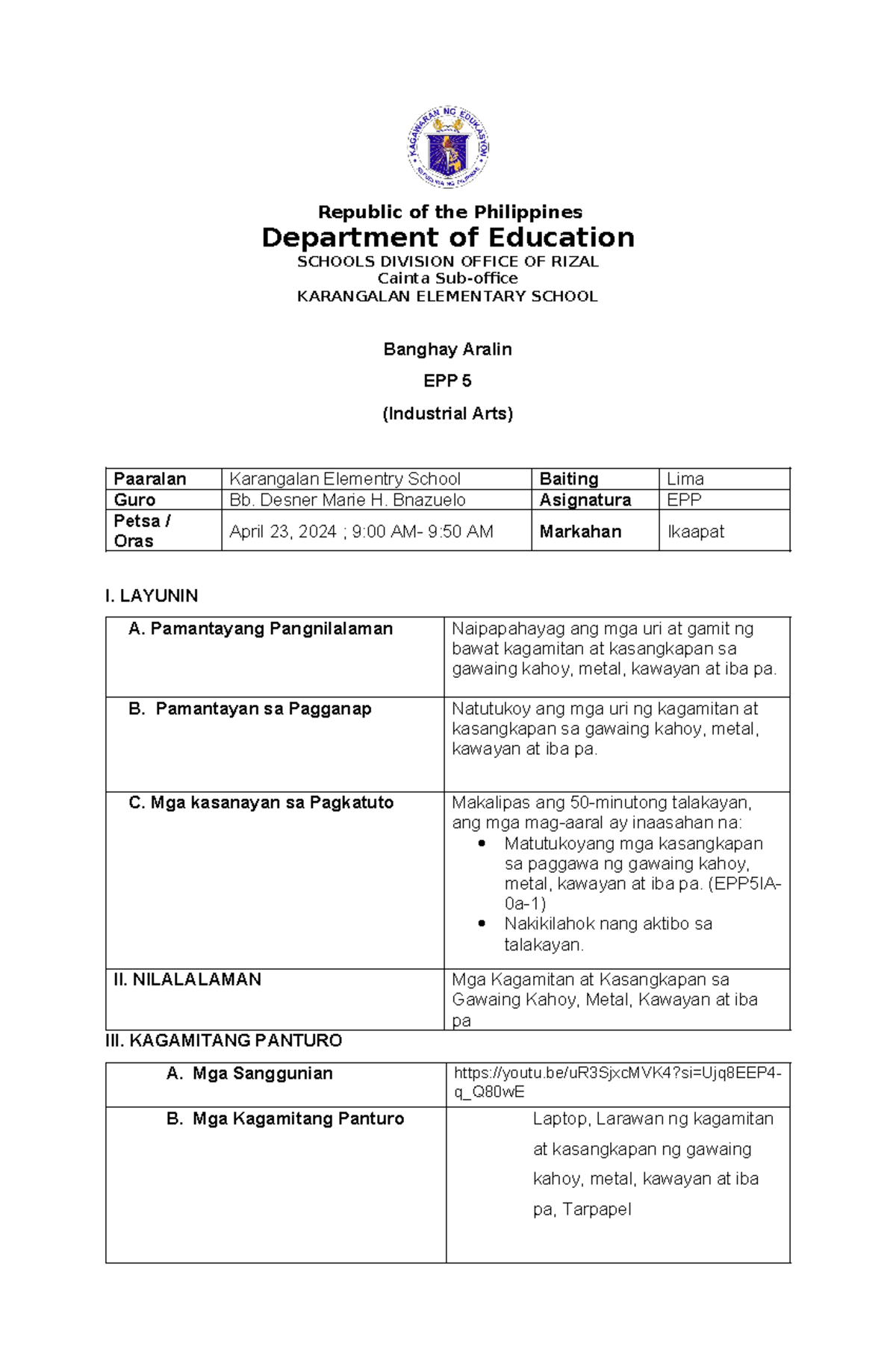 Lesson PLAN EPP5 2 - Republic of the Philippines Department of ...
