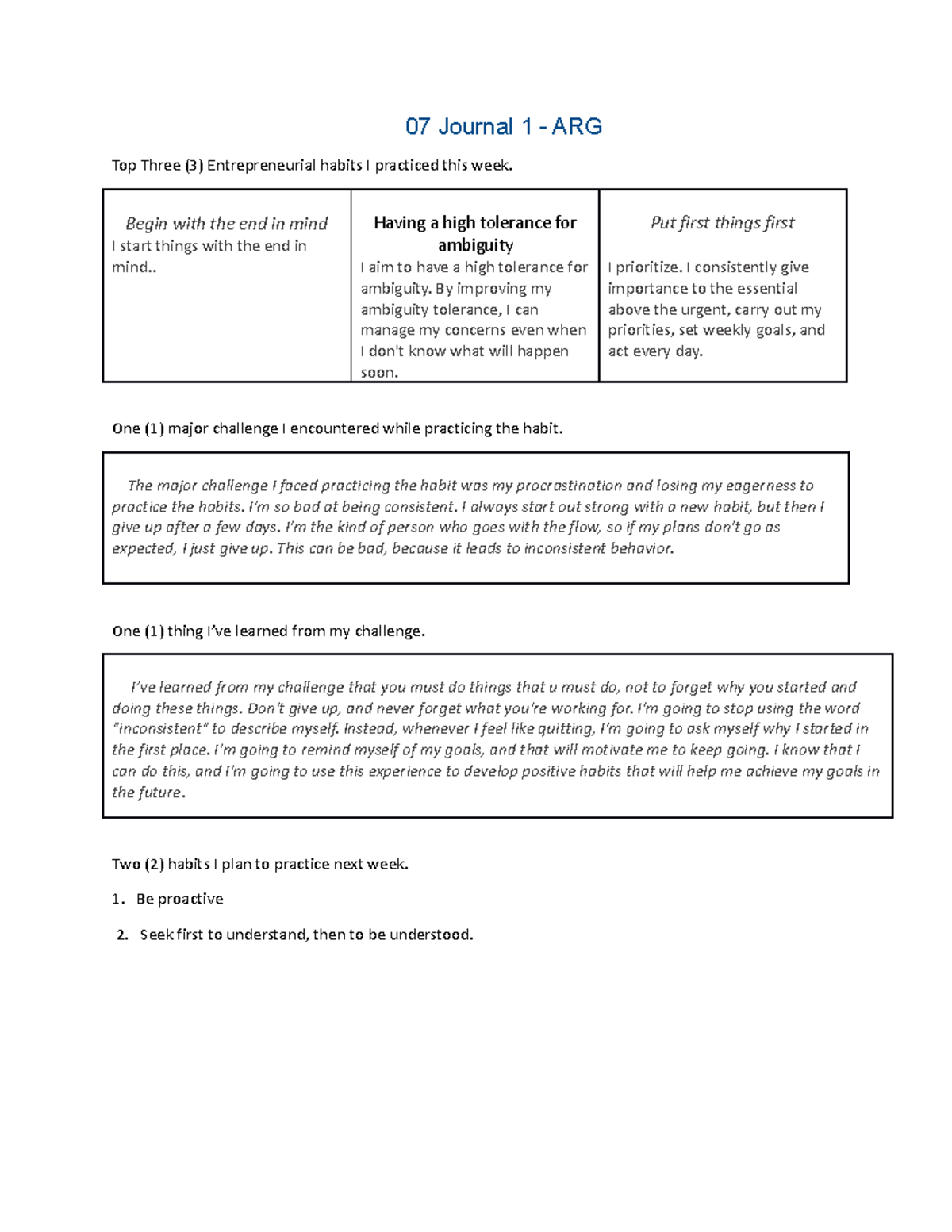 07 Journal 1 Entrepreneurial Mind - 07 Journal 1 - ARG Top Three (3 ...