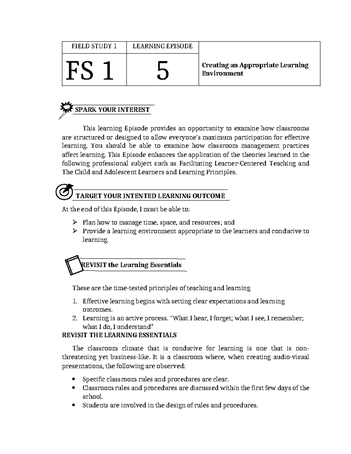 5-9 - Grade 8 Modules - FIELD STUDY 1 LEARNING EPISODE FS 1 5 Creating ...