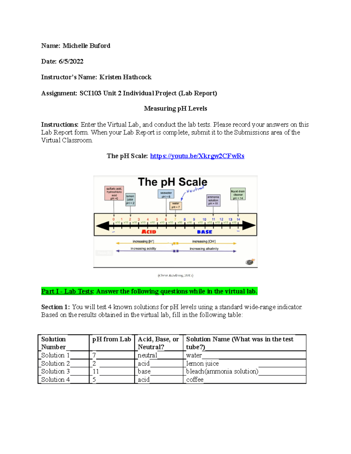 SCI103 Unit 2 Lab Report (1) (3) - Name: Michelle Buford Date: 6/5/ Instructor’s Name: Kristen ...