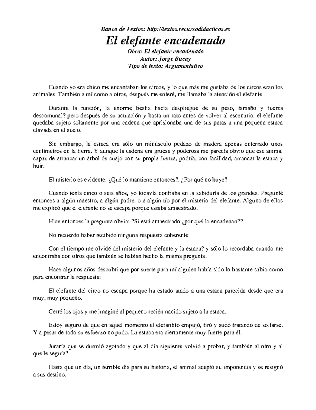 El elefante encadenado - Banco de Textos: textos.recursodidacticos El ...