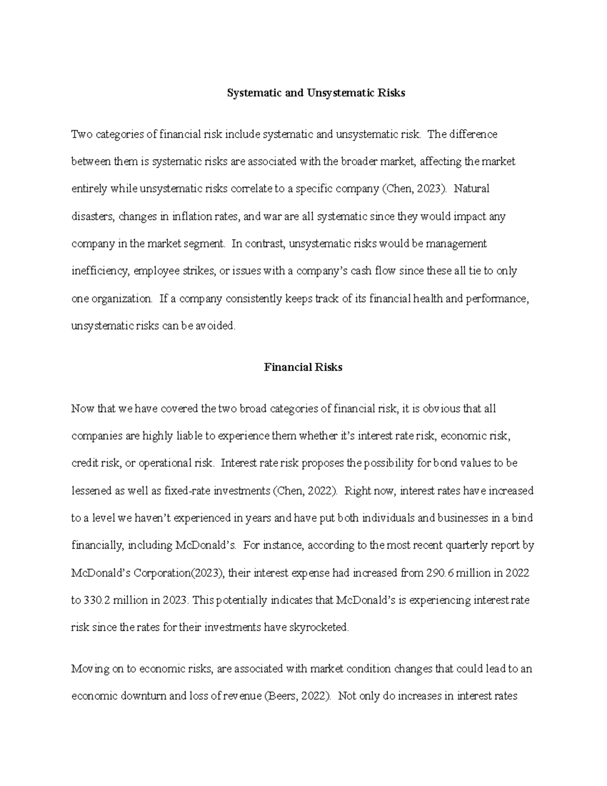 FIN 320 4-2 Case Study - Systematic and Unsystematic Risks Two ...