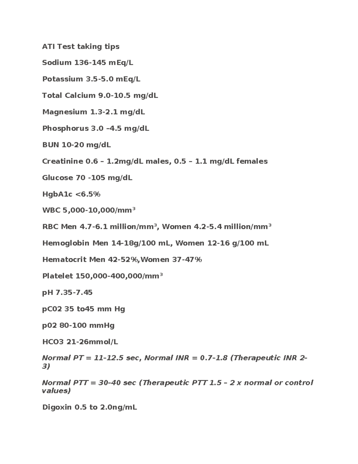 ATI Test taking tips - ATI Test taking tips Sodium 136-145 mEq/L ...