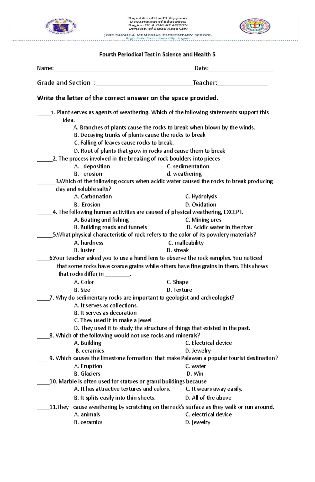 PT Science 5 Q4 - uwu - Fourth Periodical Test in Science and Health 5 ...