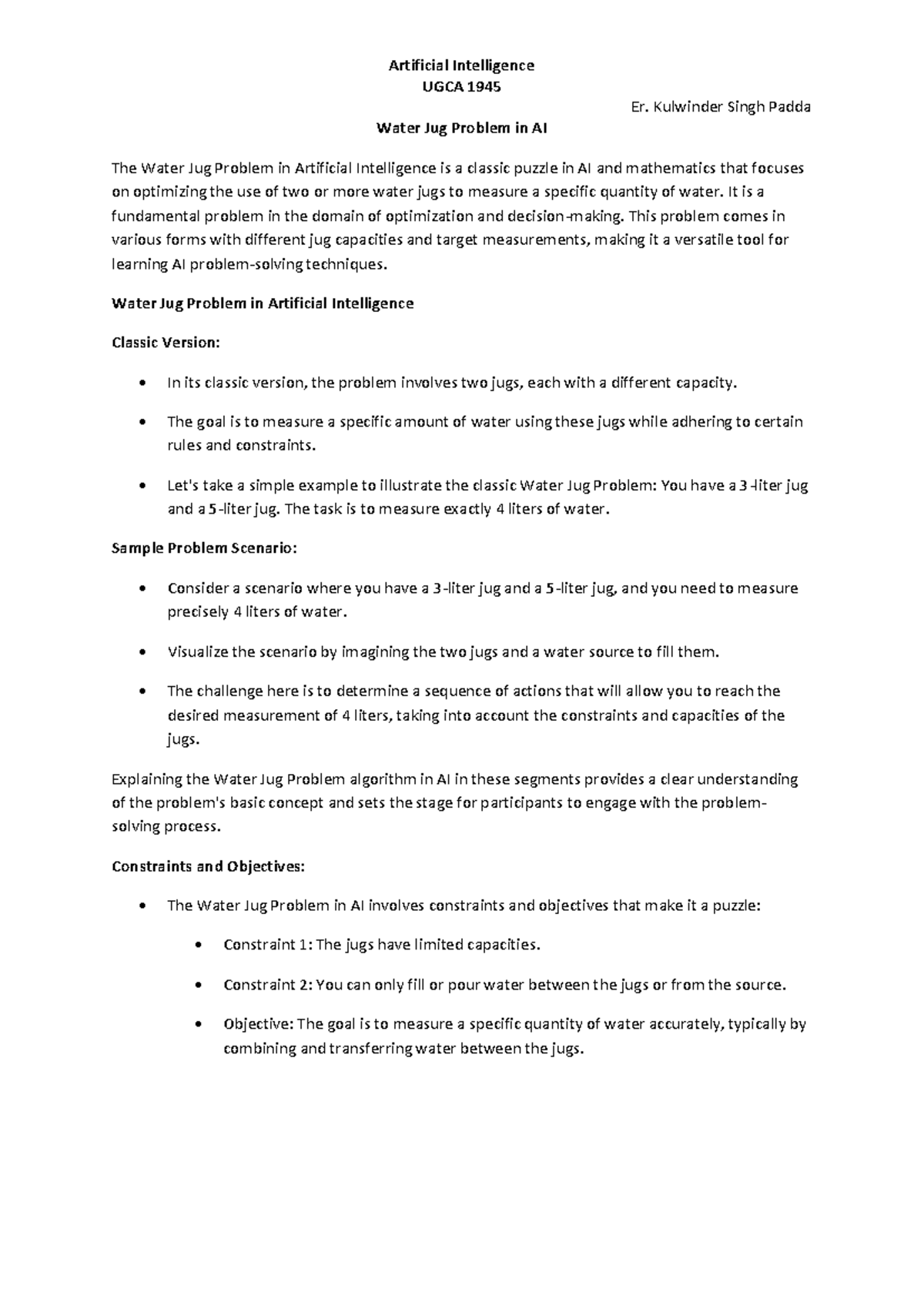 Water Jug Problem in AI - Artificial Intelligence UGCA 1945 Er ...