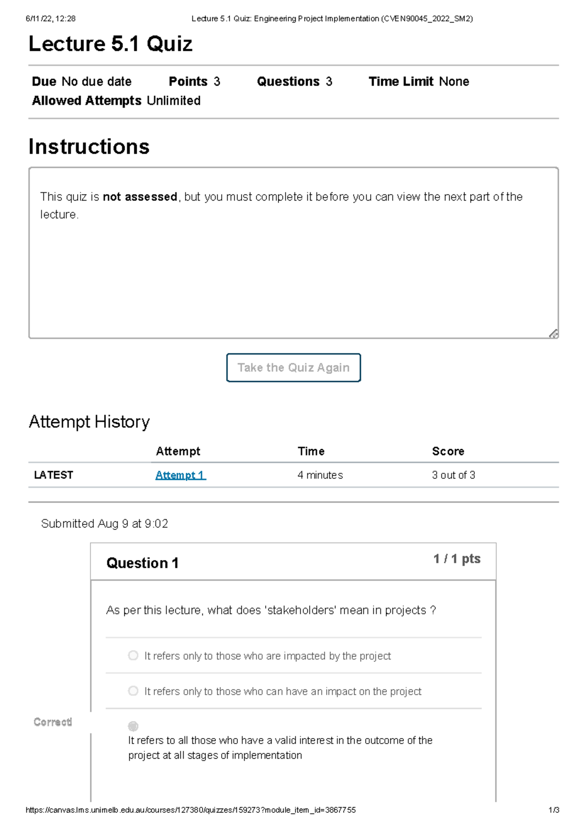 Lecture 5.1 Quiz Engineering Project Implementation (CVEN90045 2022 SM2) - - Studocu