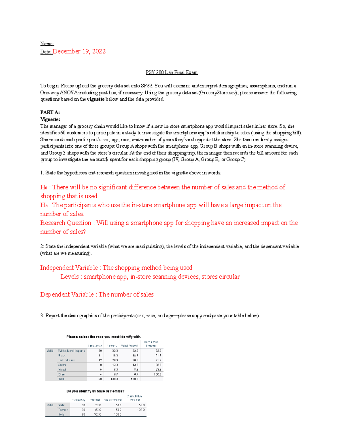 PSY 200 Final - Name: Date: December 19, 2022 PSY 200 Lab Final Exam To ...