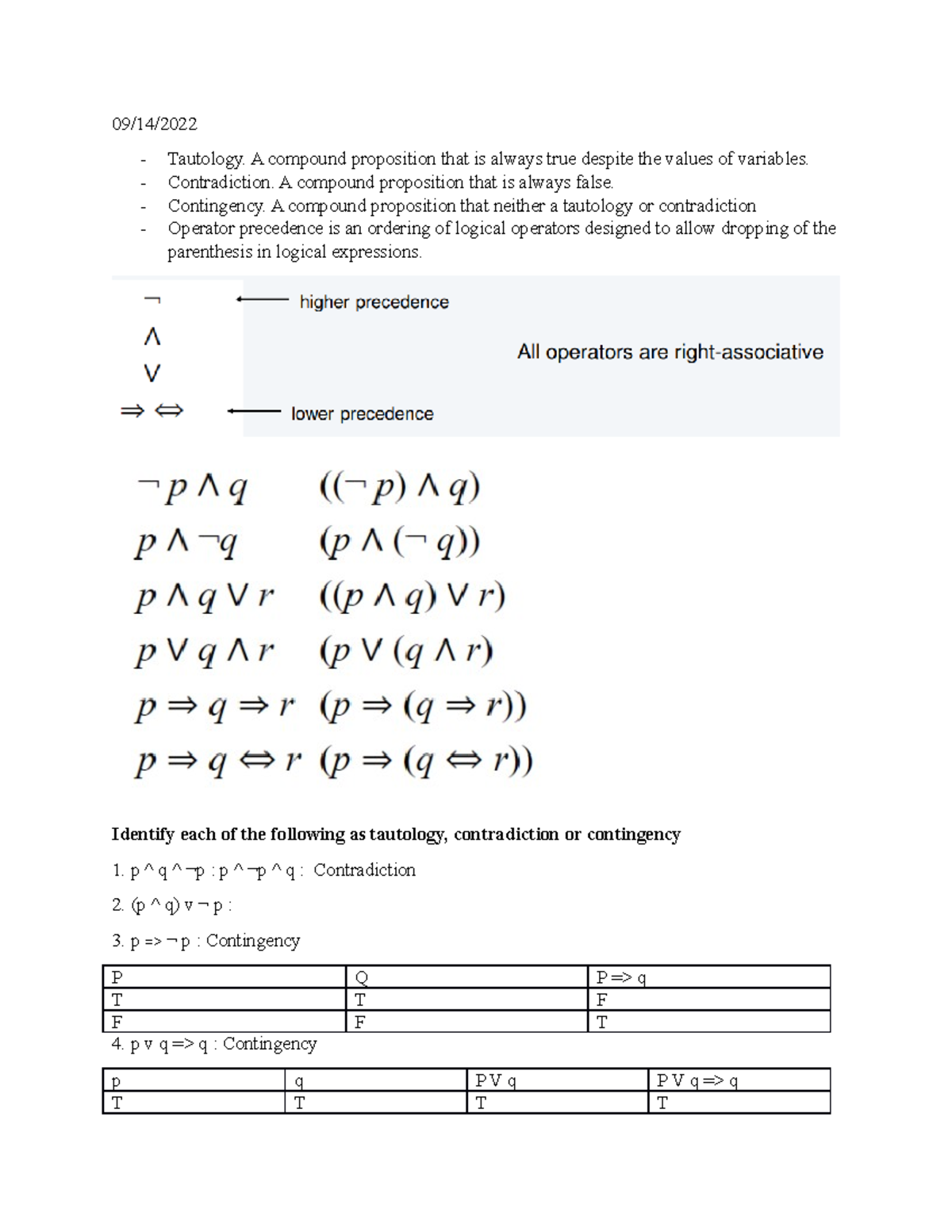 Lec 3 - Lecture and Book notes - 09/14/ Tautology. A compound ...