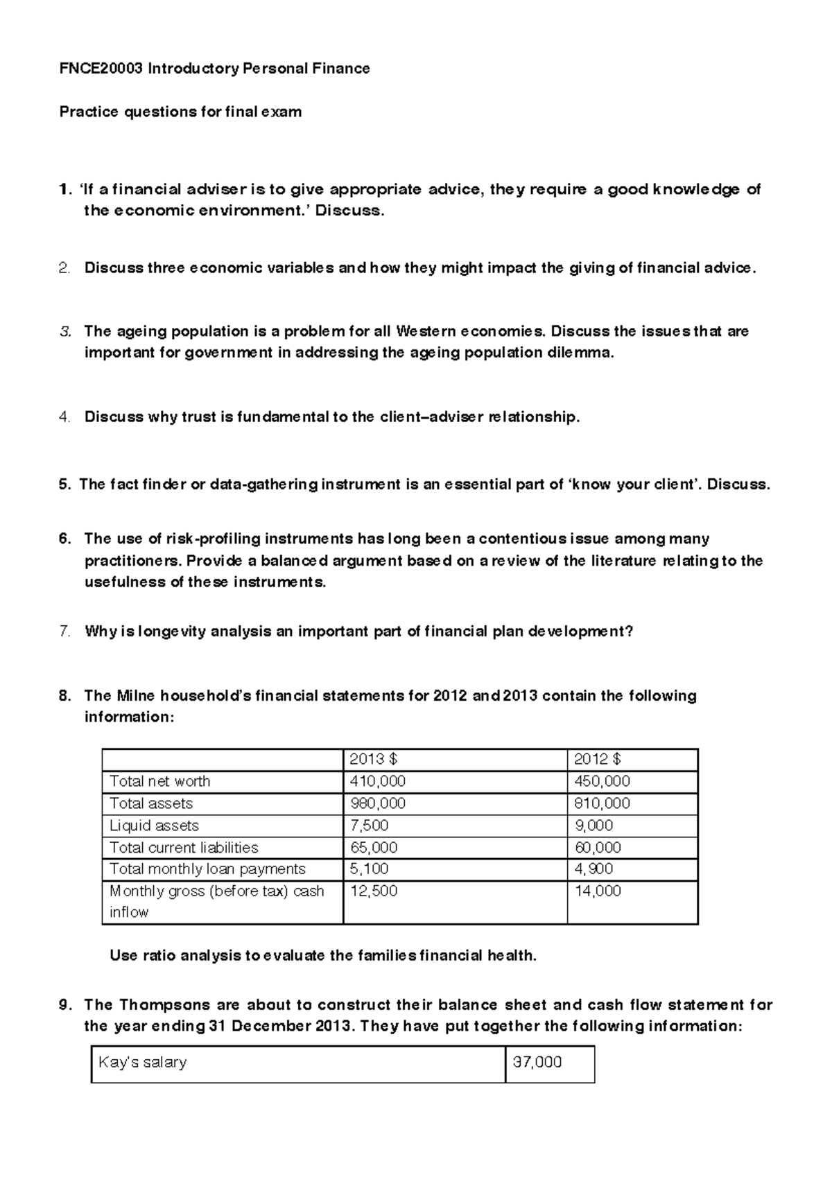 Exam practice questions - FNCE20003 Introductory Personal Finance ...