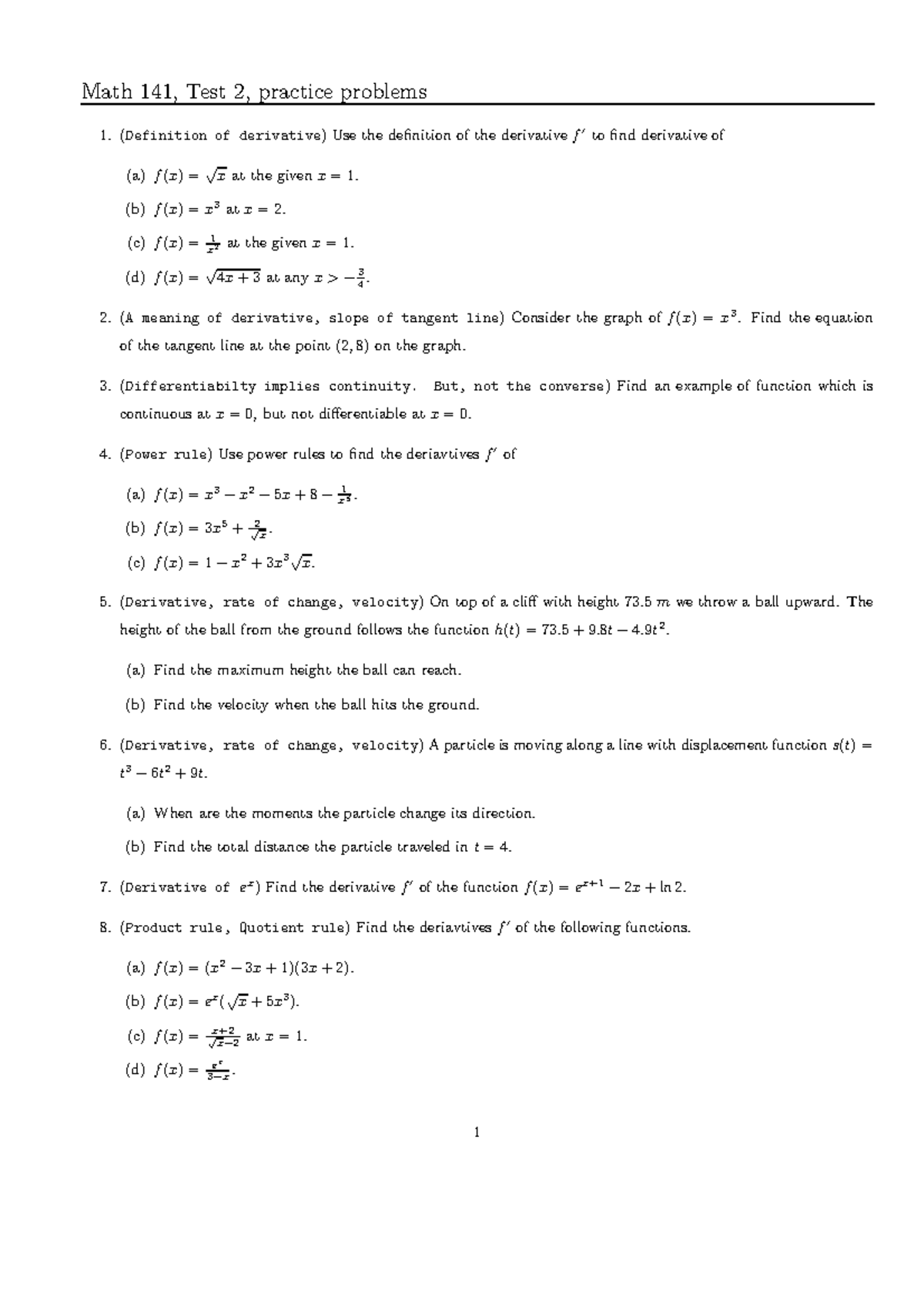 Willamette edu practive test - Math 141, Test 2, practice problems ...