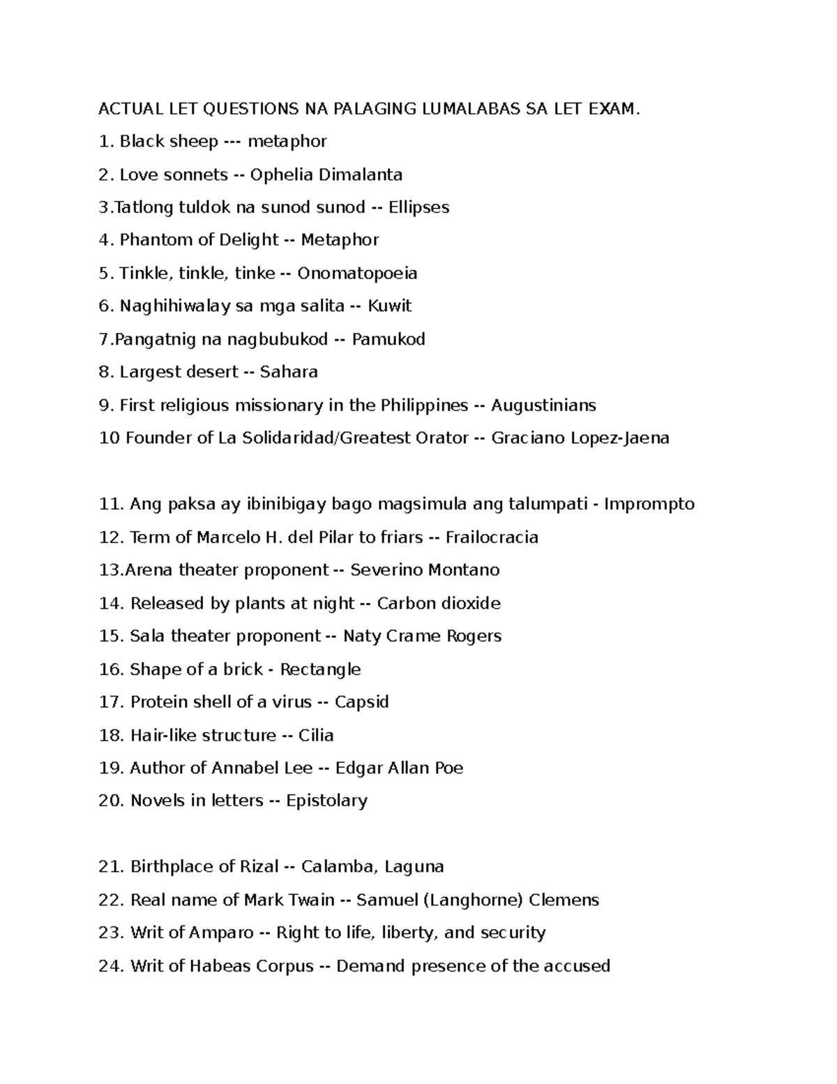 Actual LET question - LET lecture notes - ACTUAL LET QUESTIONS NA ...