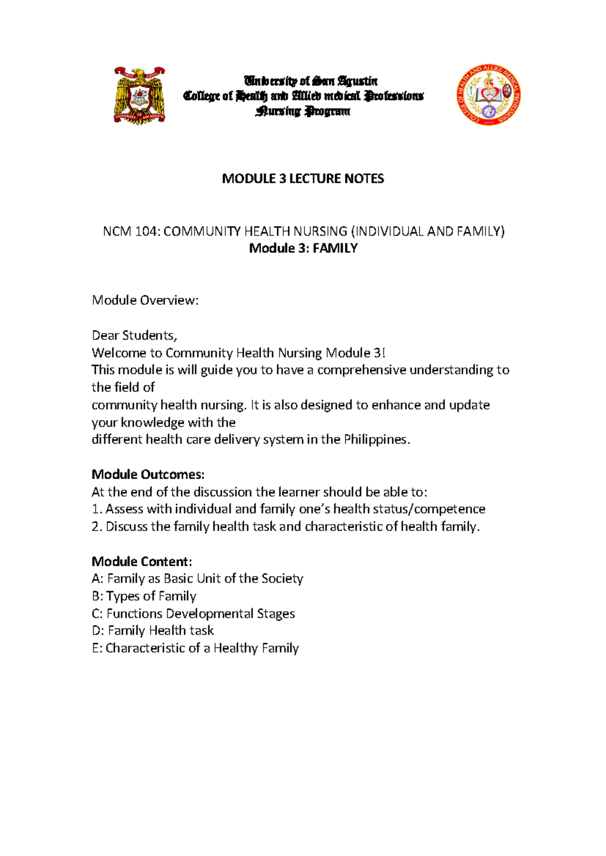 Module 3 Lecture Notes - College of Health and Allied medical ...