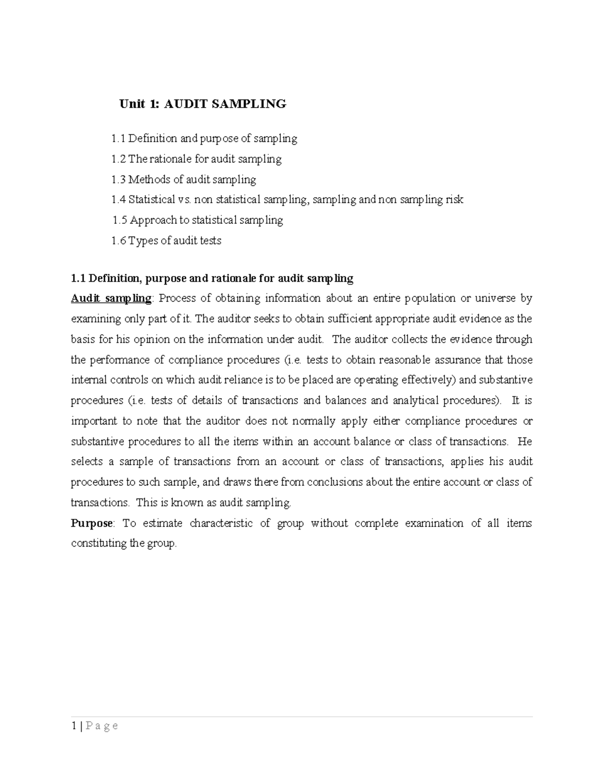 Audit Chapter seven - Unit 1: AUDIT SAMPLING 1 Definition and purpose ...