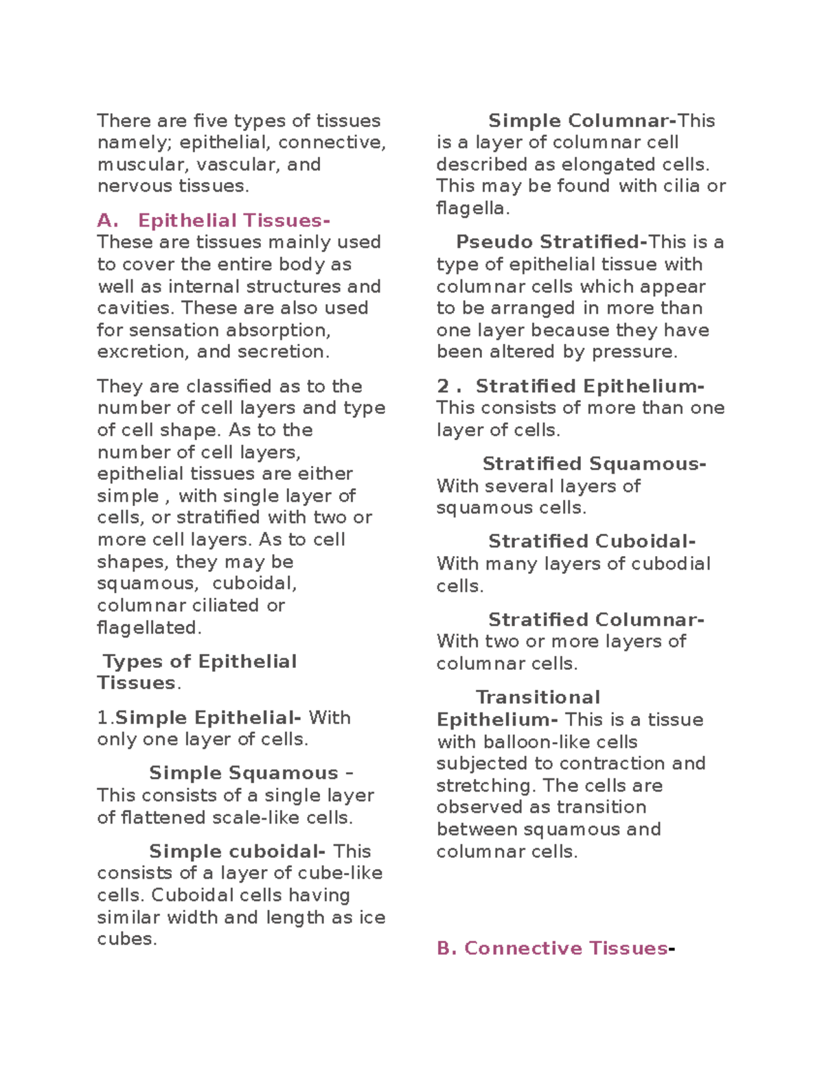 Tissue - Lecture notes all pages - There are five types of tissues ...