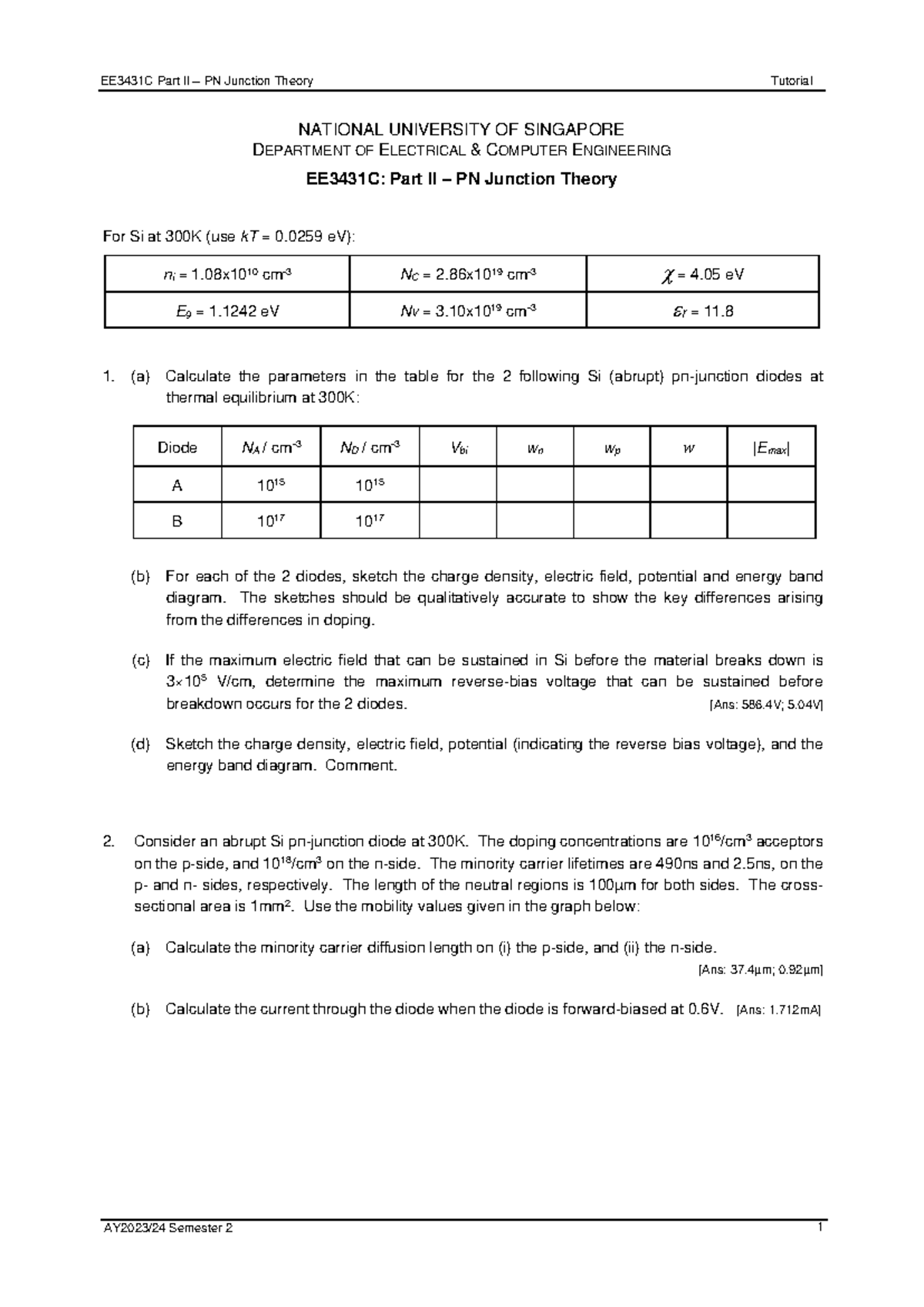 EE3431C Part II - PN Junction Theory 2023-24 Sem 2 Tutorial - EE3431C ...