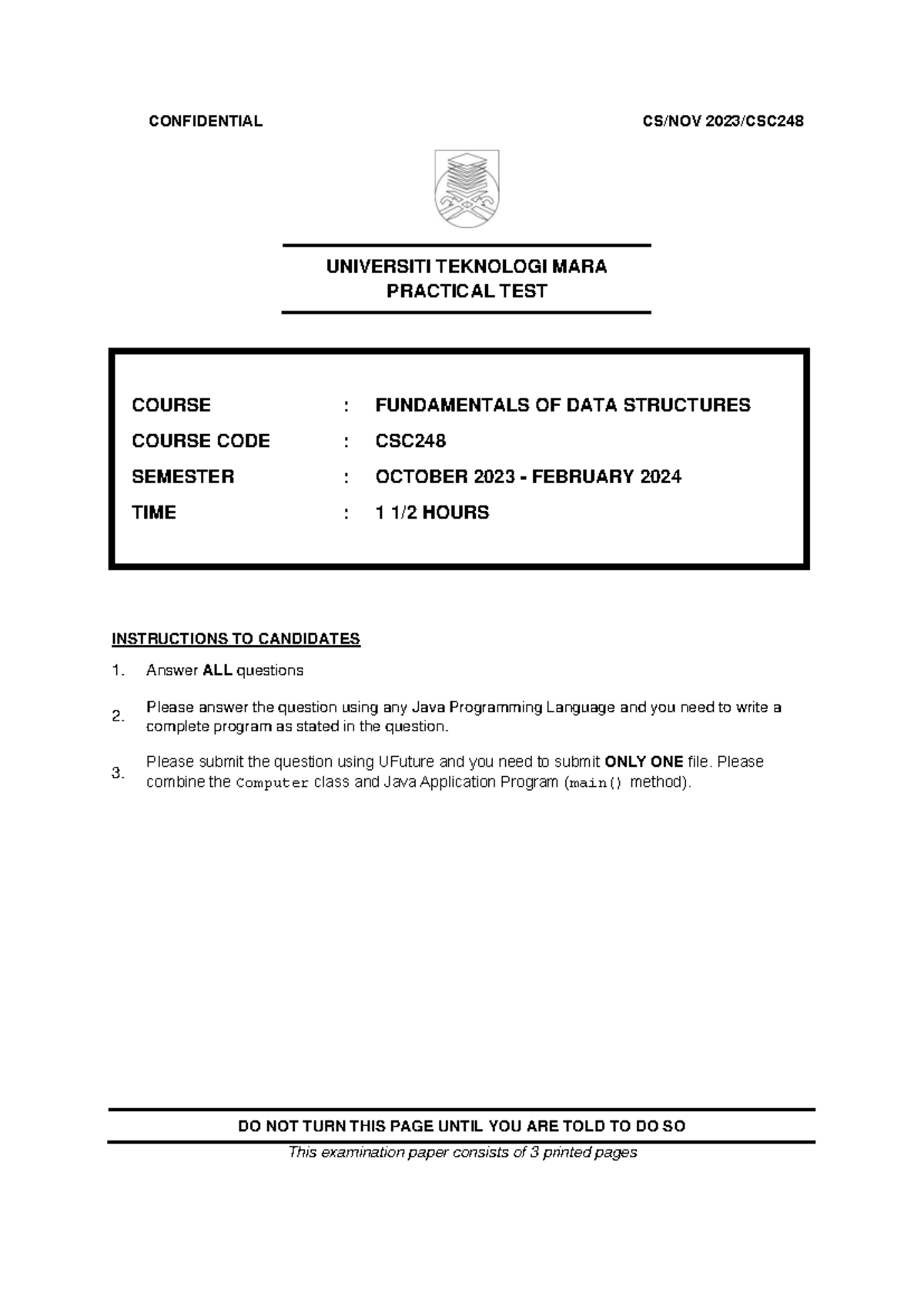 Practical TEST Session OCT23 - FEB24 - CONFIDENTIAL CS/NOV 2023/CSC 248 ...