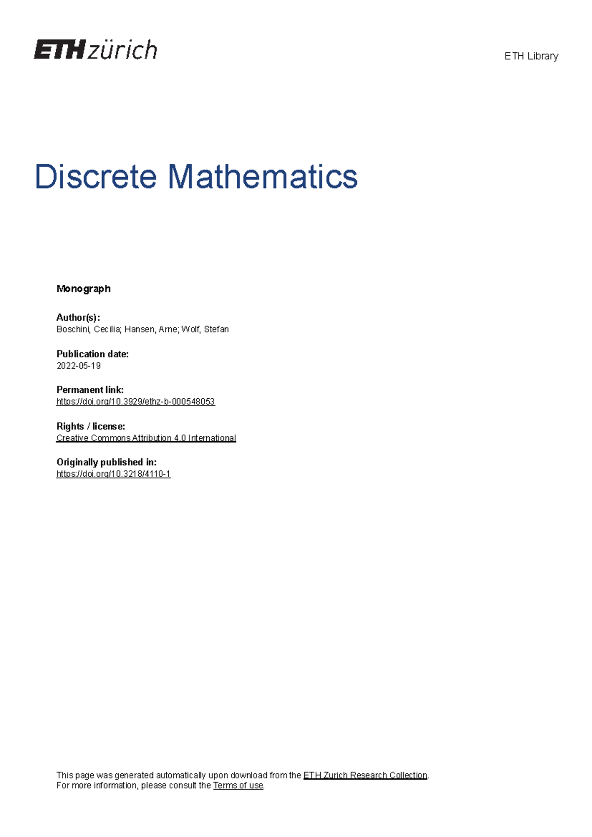 Discrete Mathematics Boschini, Hansen y Wolf - ETH Library Discrete Mathematics Monograph Author ...