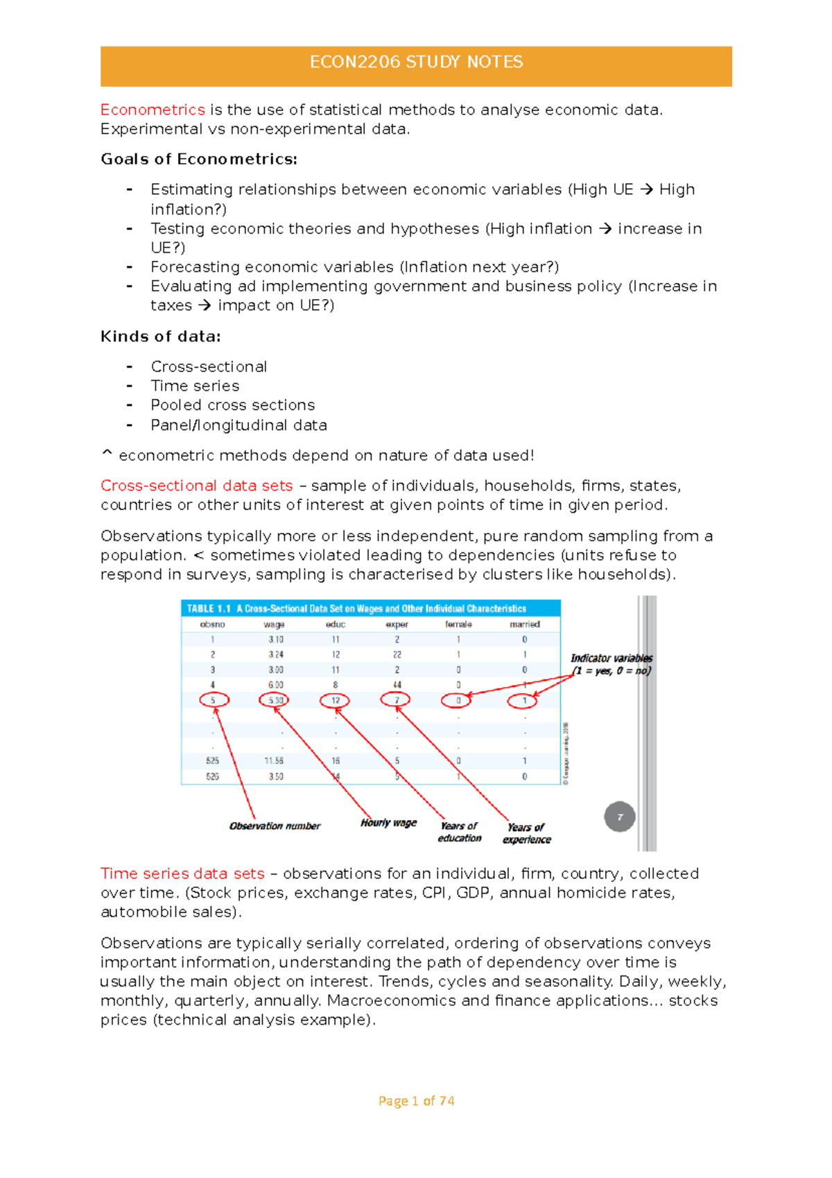 ECON2206 Study Notes - Econometrics is the use of statistical methods ...