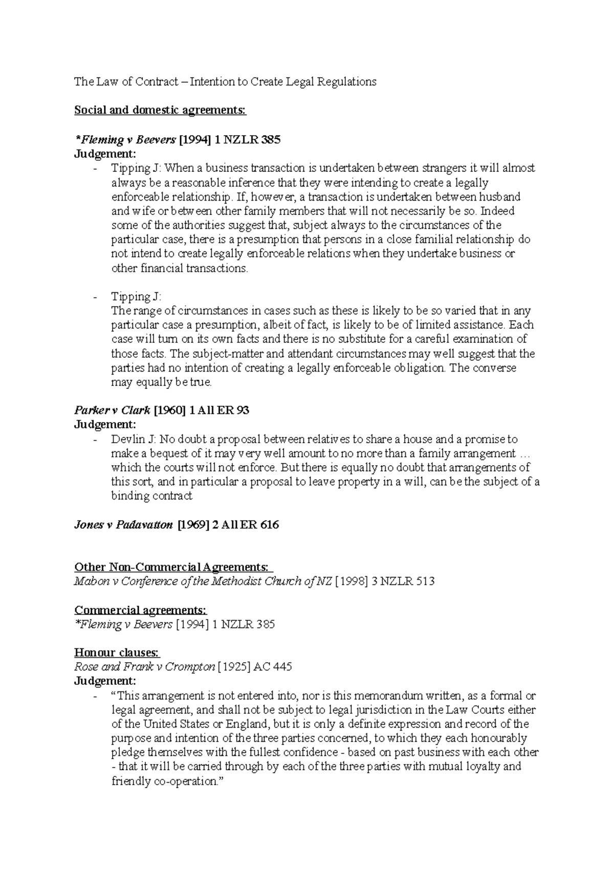 The Law of Contract - Intention to Create Legal Relations - The Law of ...