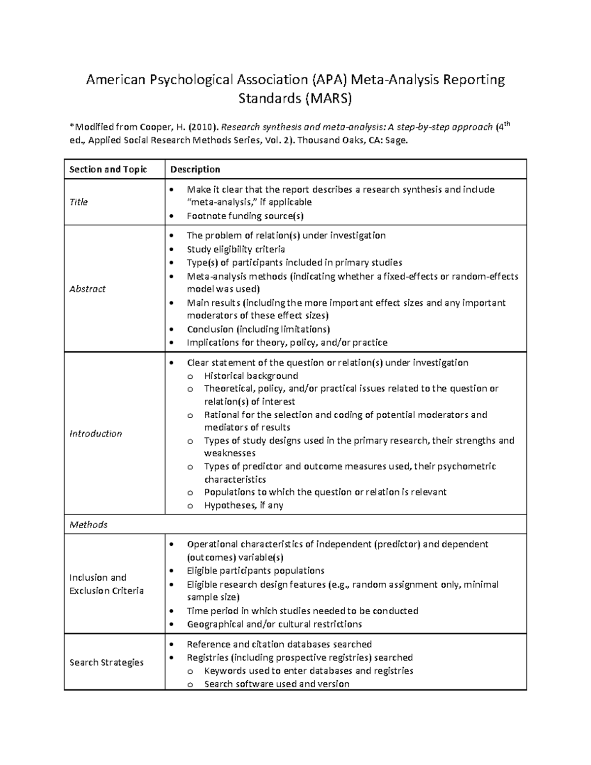 MARS - MARS criteria - American Psychological Association (APA) Meta ...