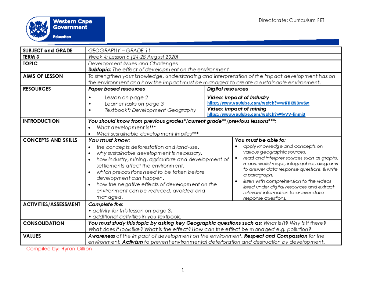 Grade 11 T3 Lesson 6 (W4) Effect of Development on the Environment - 1 ...
