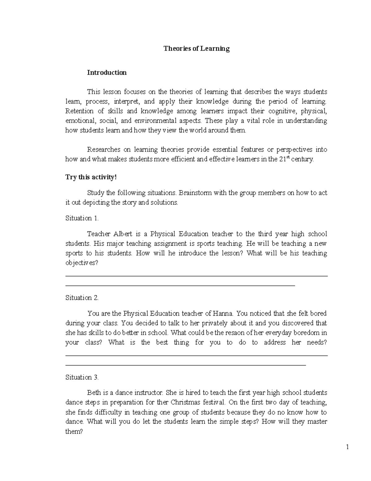 Summarized Theories of Learning - Theories of Learning Introduction ...