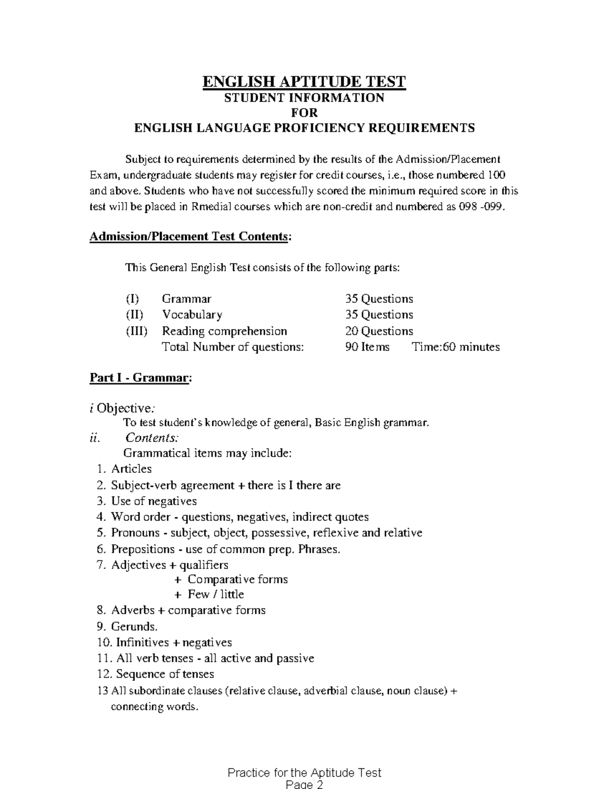 Exercises-for-aptitude - ENGLISH APTITUDE TEST STUDENT INFORMATION FOR ...