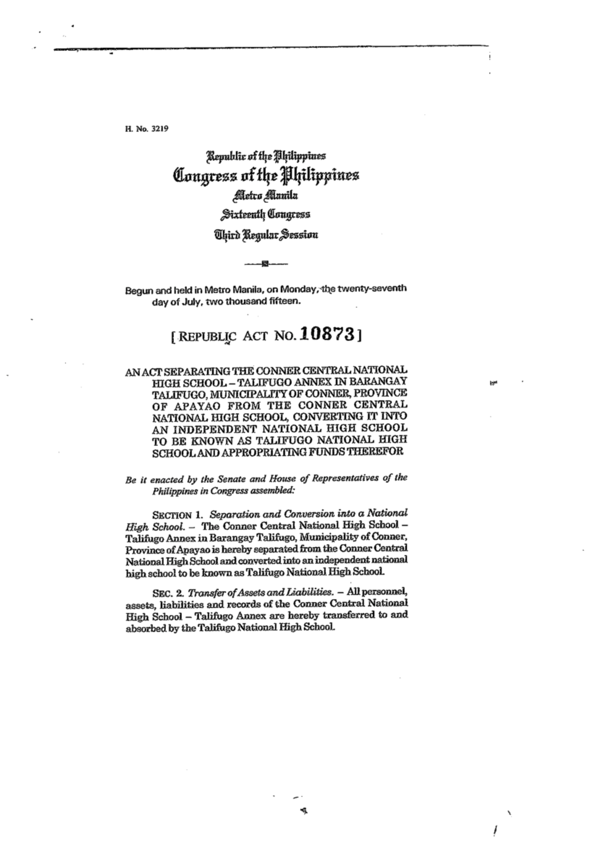 2016 0717 RA 10873 BSA - Laws regard the wellfare of the people - H. No ...