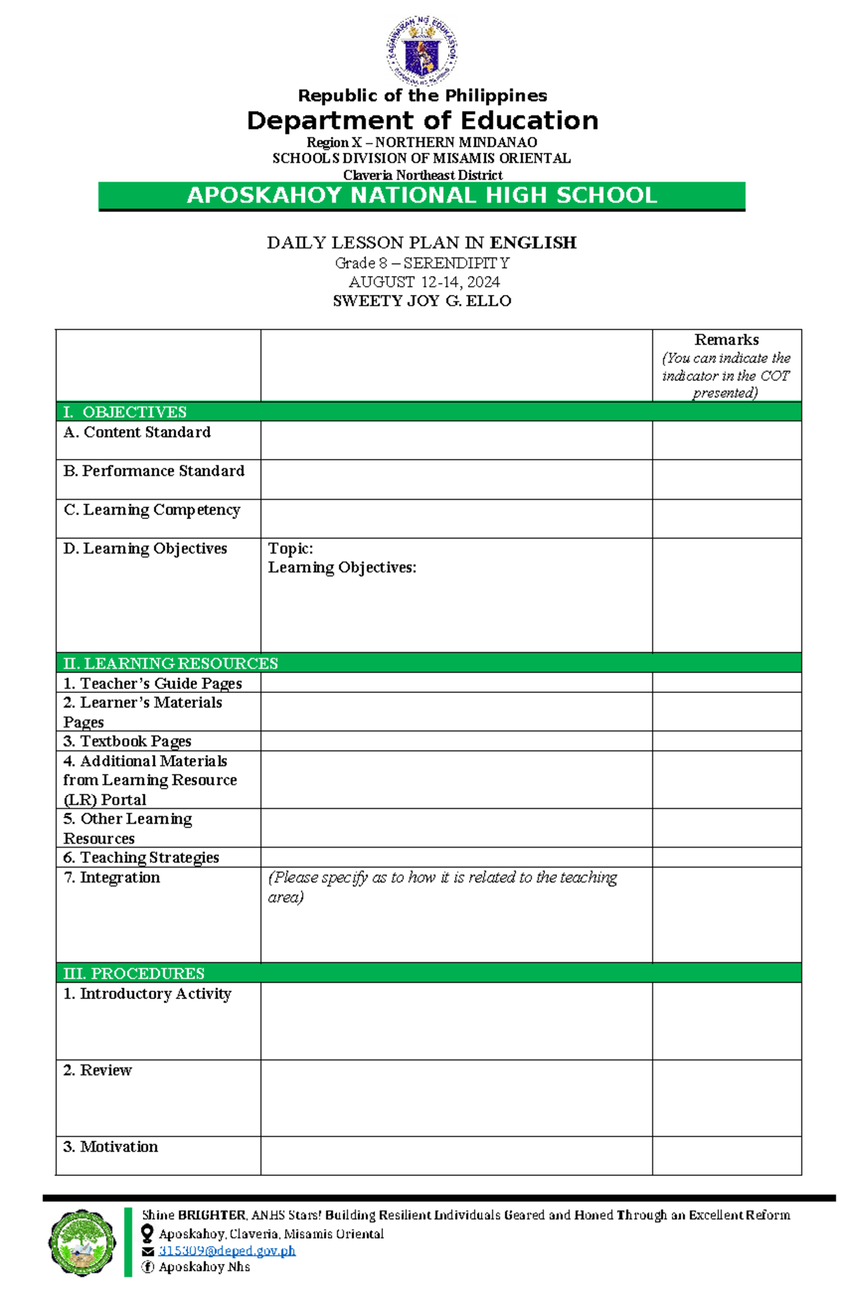 Lesson Plan Template for Class Observation - Shine BRIGHTER, ANHS Stars ...