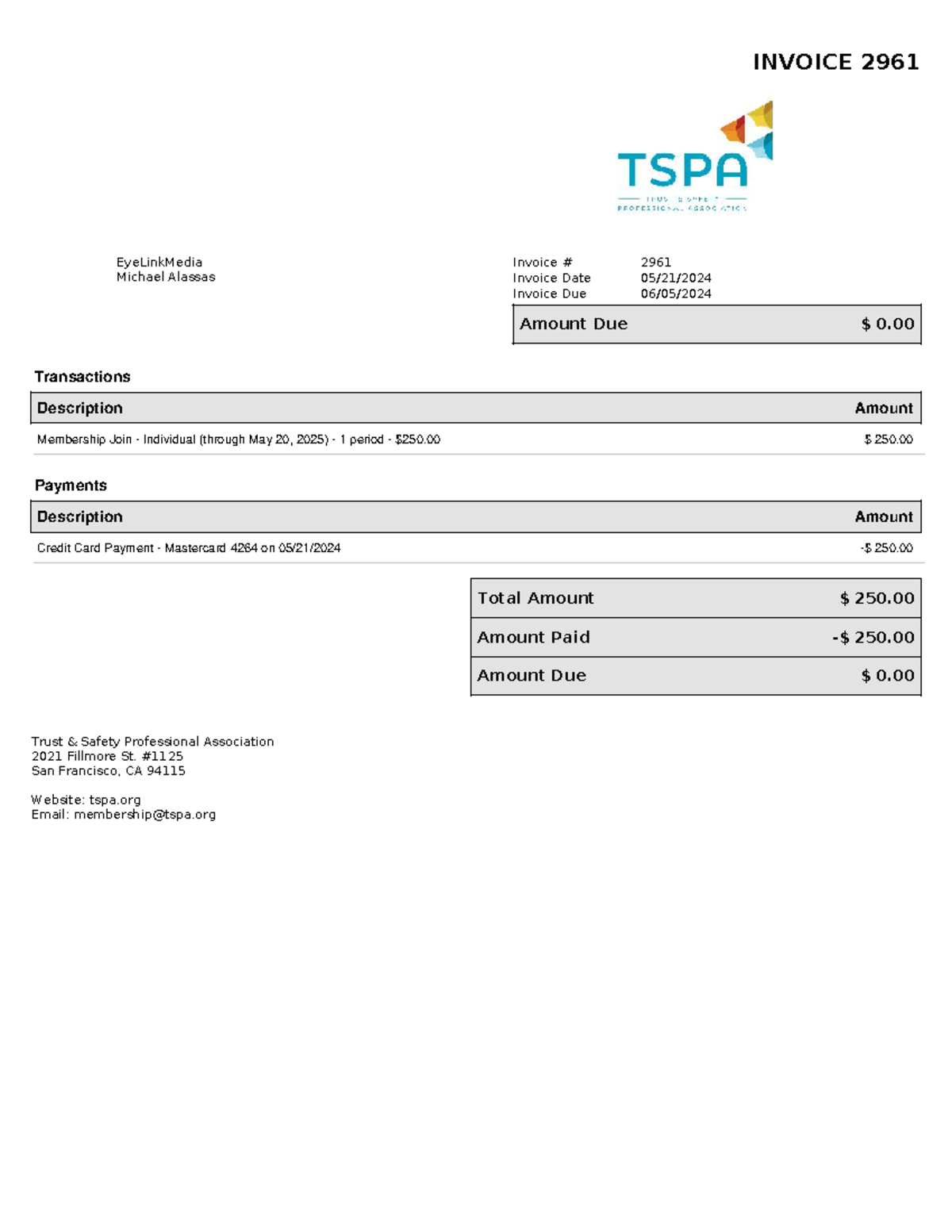 Invoice - INVOICE 2961 EyeLinkMedia Michael Alassas Invoice Invoice Date Invoice Due 2961 05/21 ...