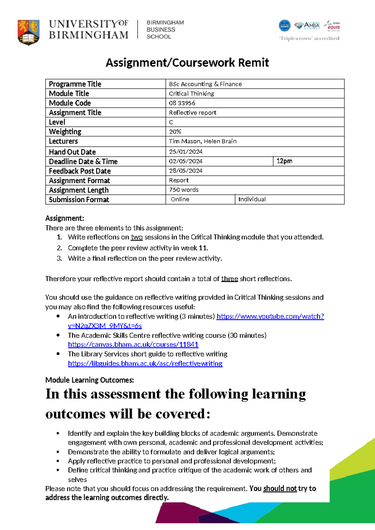 Critical Thinking Reflective Report Assignment 2023-24 V2 - Assignment/Coursework Remit ...