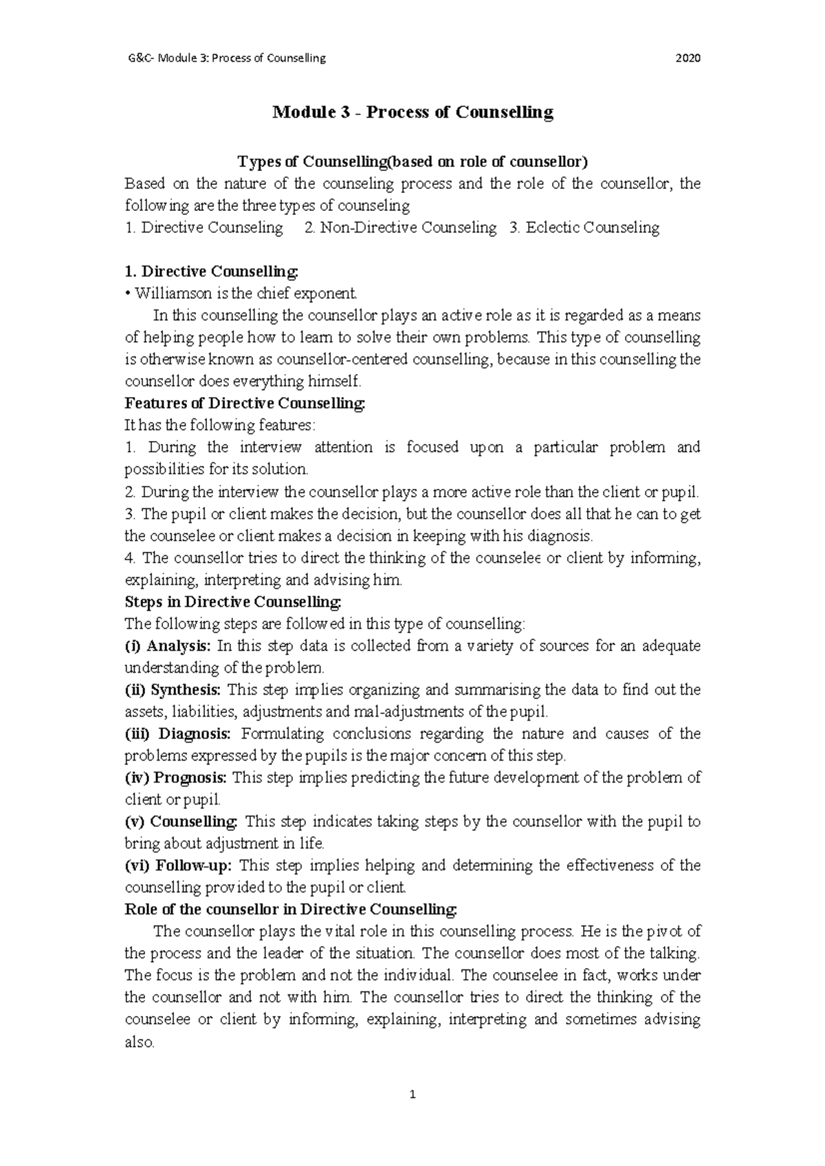 Module 3 - Process of Counselling Part 1 - Module 3 - Process of ...